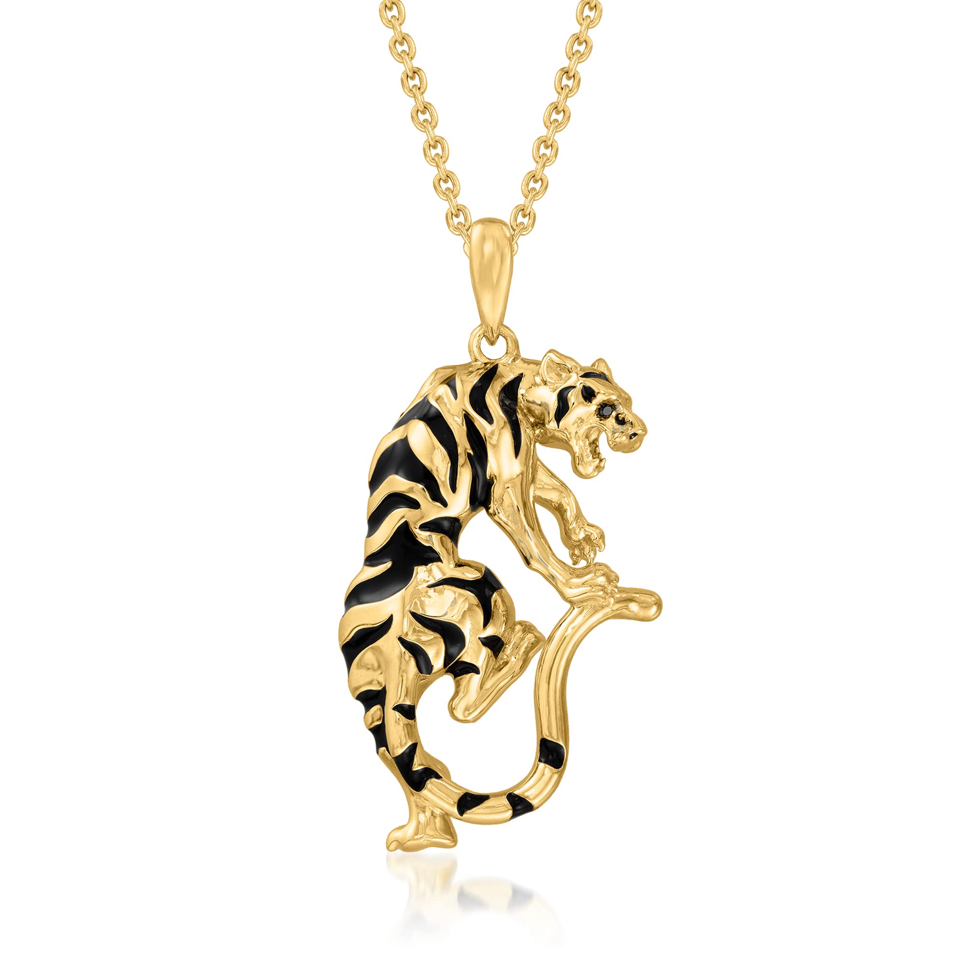Ross-Simons Black Enamel Tiger Pendant Necklace in 18kt Gold Over Sterling. 18 inches