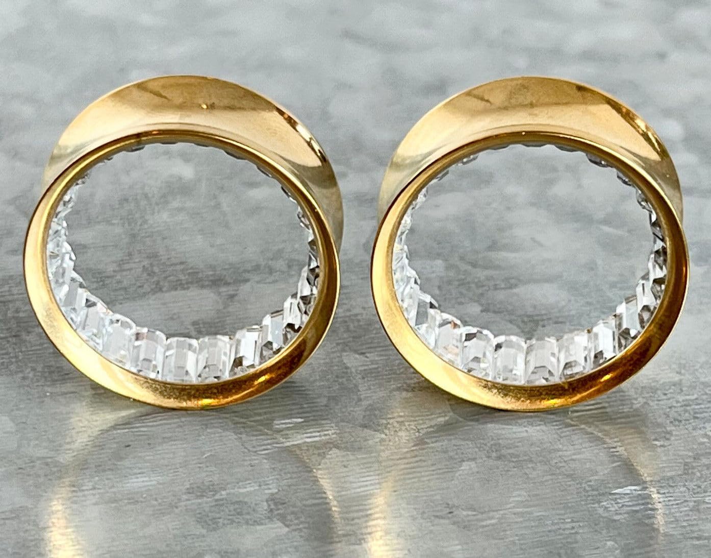 Lobal Domination PAIR of Inner Clear Square Gems & Gold Ion Plated Steel Saddle Tunnels Double Flare Plugs Gauges (7/8" (22mm))