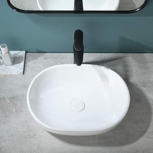 VESLA HOME 19"x14" Oval Vessel Sink, Ceramic Above Counter Bathroom Sink, Modern Art Basin White Bathroom Vessel Sink for Lavatory Vanity Cabinet