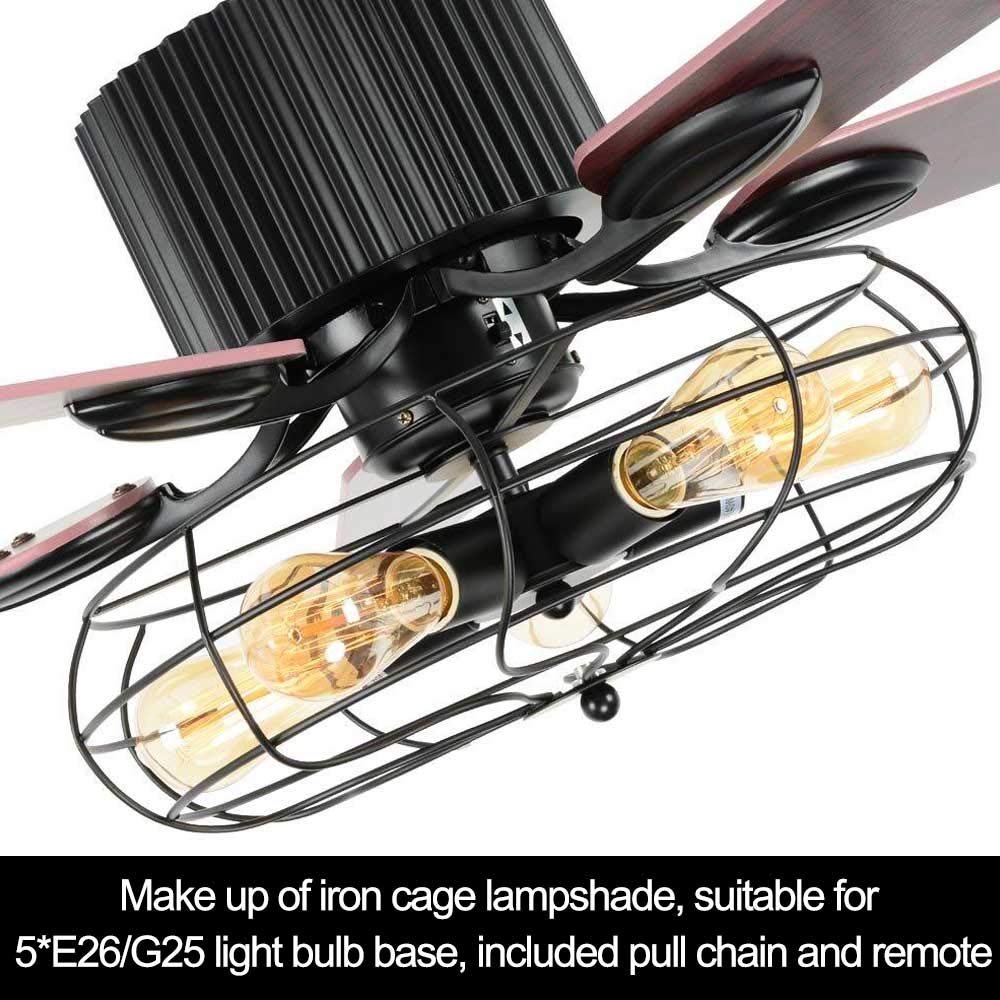 LuxureFan Vintage Industrial Ceiling Fan Light for Restaurant/Living Room with Create Iron Cage Cover Pull Chain/Remote and 5 Reversible Wood Leaves (48Inch)