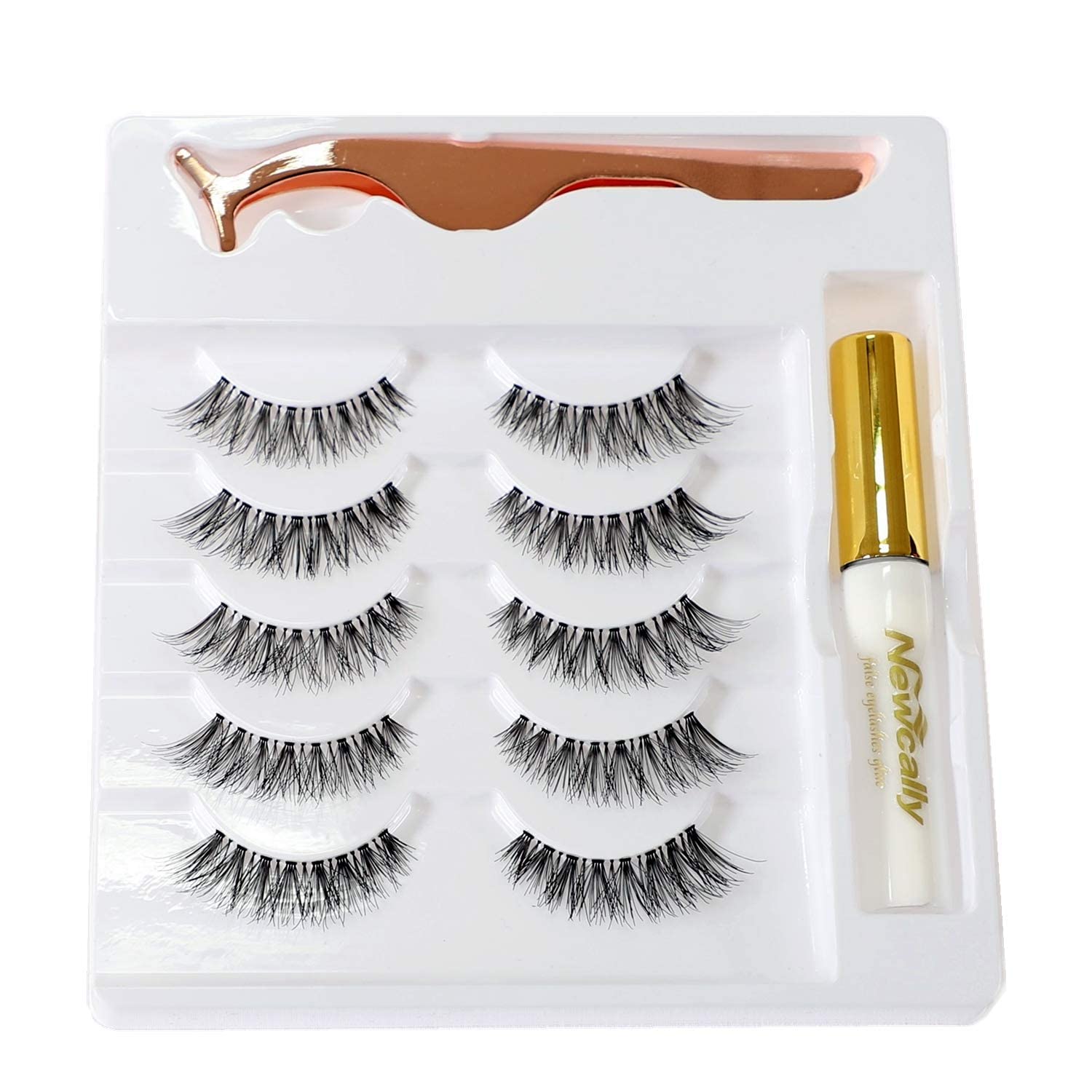 Newcally Lashes Wispy Fake Eyelashes with Glue Set 5 Pairs Natural 3D False Lashes Fluffy Volume Long Strip False Eye Lashes Handmade Luxurious Fake Lashes Pack