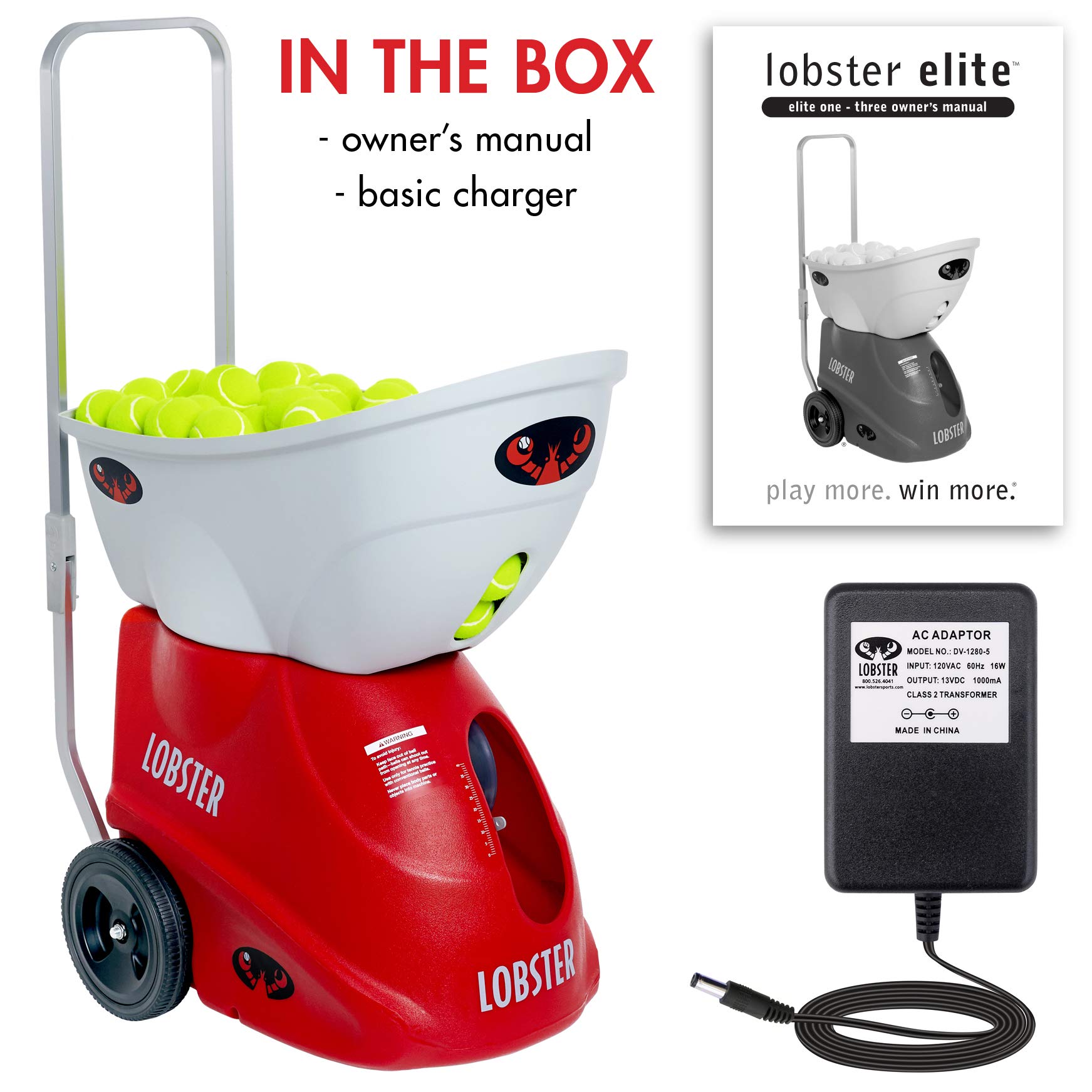 Lobster Sports – Elite Two Tennis Ball Machine with Elite 10-Function Remote Control – Triple Oscillation – Lightweight – 4- to 8-Hour Battery Life – 50 Degree Lobs – Optional Accessories