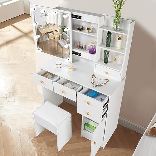 Large Vanity Desk Set with Sliding Mirror and 10 LED Bulbs, 3 Lighting Modes Makeup Table with 5 Drawers, 6 Shelves and Cabinets, White Dressing Table for Bedroom