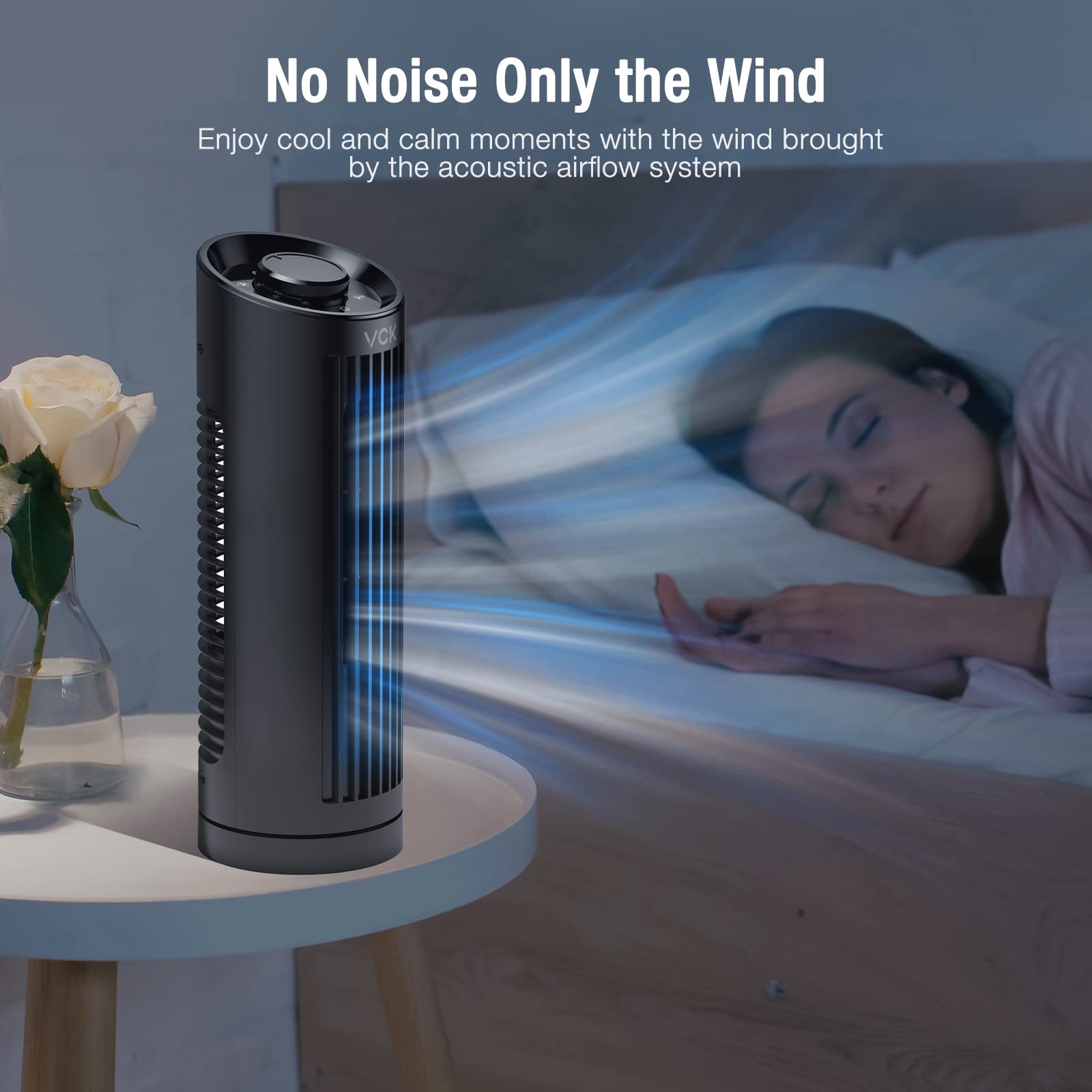 VCK 80° Oscillating Fan, 13'' Tower Fan Bladeless Desk Fan with 3 Speeds, Quiet Operation, Compact & Portable Table Fan for Bedroom Home Office Desktop