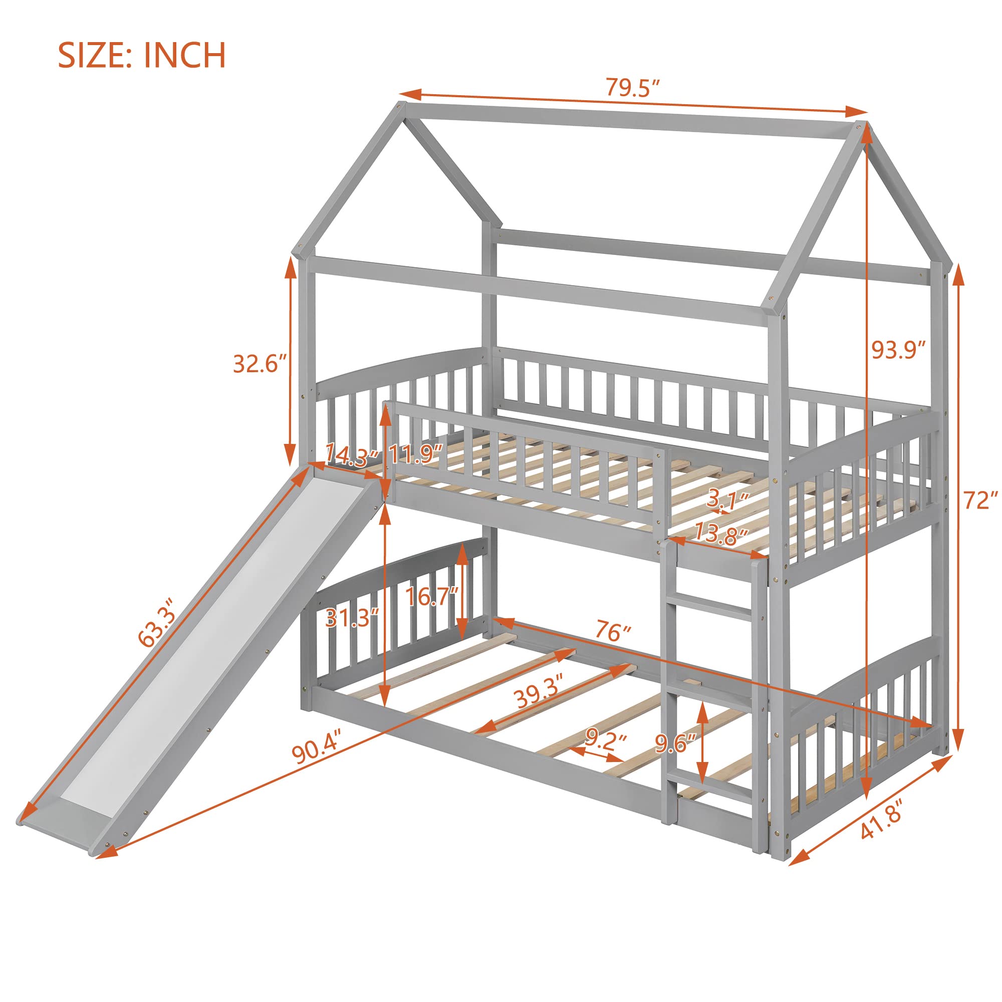 LostCat Full over Full Bunk Bed with Convertible Slide and Ladder,Solid Pinewood Frame, Low Bunk Bed w/Safety Guardrails,Suitable for Kids/Teen,No Box Spring Needed,Grey