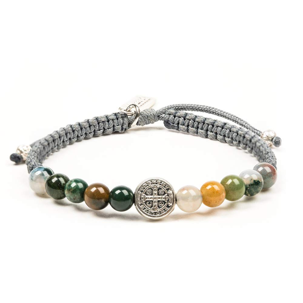 My Saint My Hero Wake Up and Pray Meditation Bracelet, Handwoven - Slate Cording, Mixed Agate Genuine Gemstones, Silver Benedictine Cross Medal, and Silver "Blessed" Tag