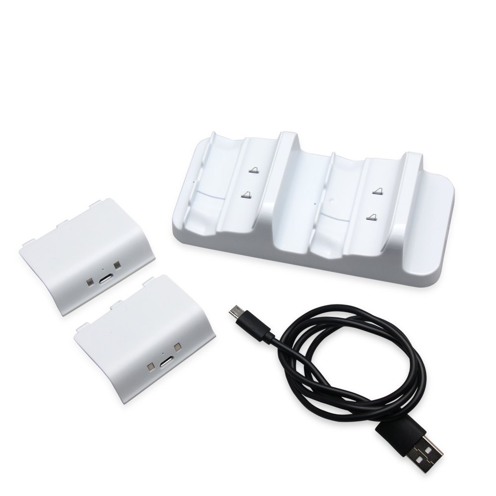 Megadream Xbox One Dual Charging Charger Docking Station Stand, 2 x 300mAh Rechargeable Battery Pack & Charge Cable for Microsoft Xbox One, Xbox One Slim, Xbox One X, Xbox One Elite Controller - White
