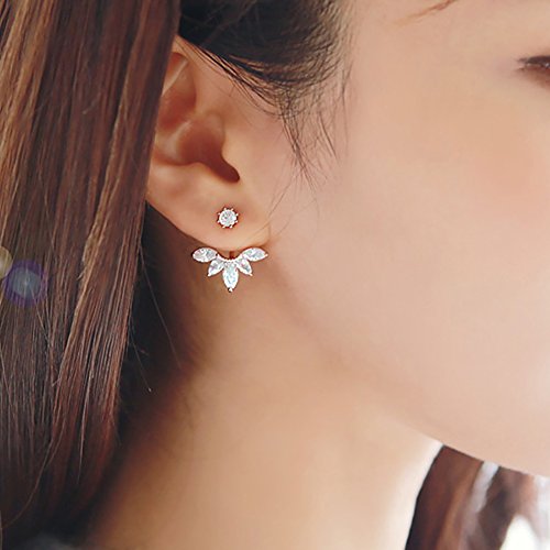 megko 925 Sterling Silver Cubic Zirconia Earrings Leaf Feather Ear Jacket Front Back Ear Cuffs Stud Earring(silver)