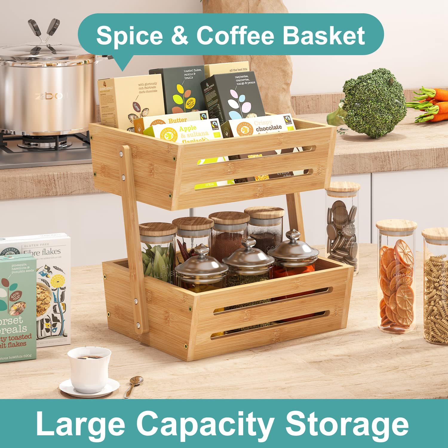 Vriccc Bamboo Fruit Basket, 2-Tier Fruit Bowl for Kitchen Counter, Large Capacity Vegetable Storage Holder, Countertop Organizing for Snacks Display