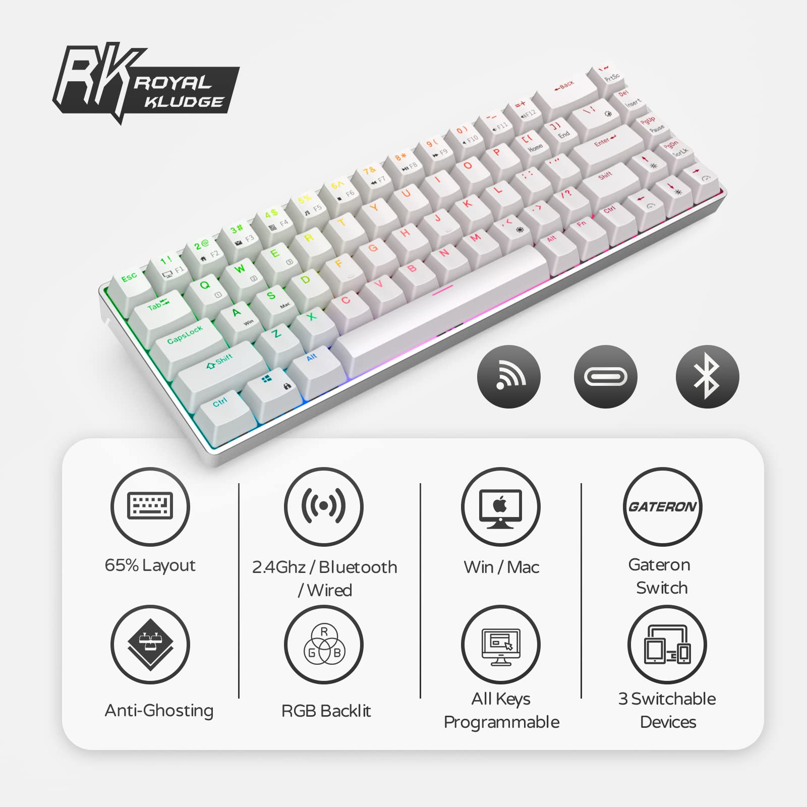 RK ROYAL KLUDGE Wireless 60% Mechanical Keyboard PBT keycaps, Bluetooth Mechanical Keyboard with CNC frame, Compact Gaming Keyboard with Software - 68 Keys Hot Swappable Gateron Brown Switch, RK68 pro