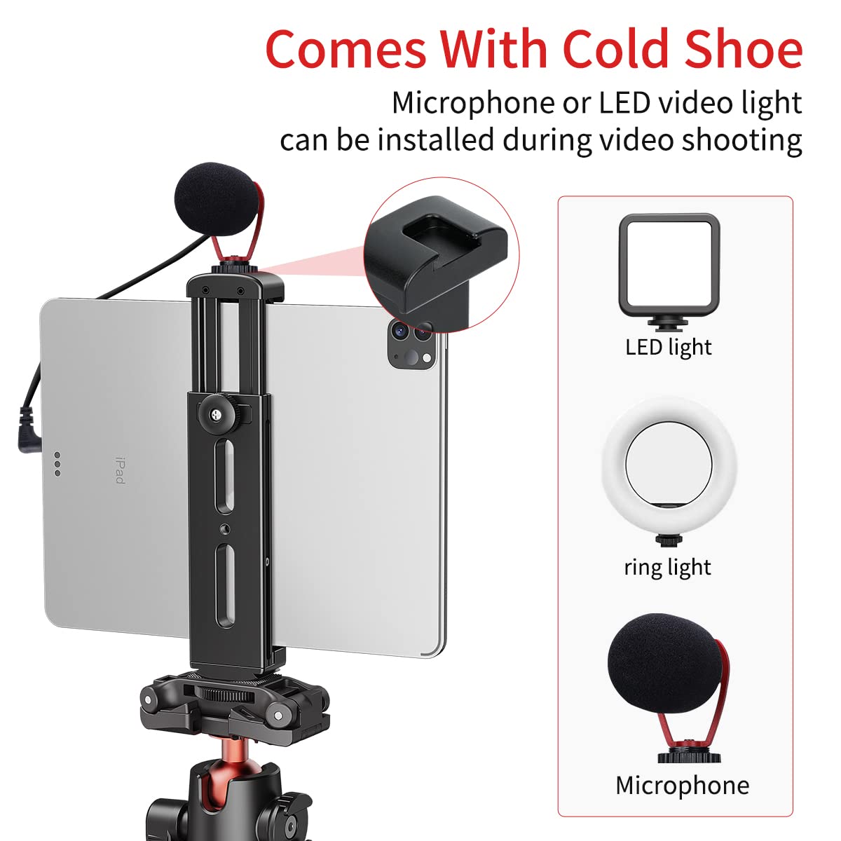 VRIG Select iPad Tripod Mount, iPad Holder with Cold Shoe Acra Swiss, Aluminum Metal Tablet Tripod Adapter, for iPad Pro 12.9, iPad Air Mini 3 4, Galaxy Tab, Surface Pro 8(4.9-9.8’’)