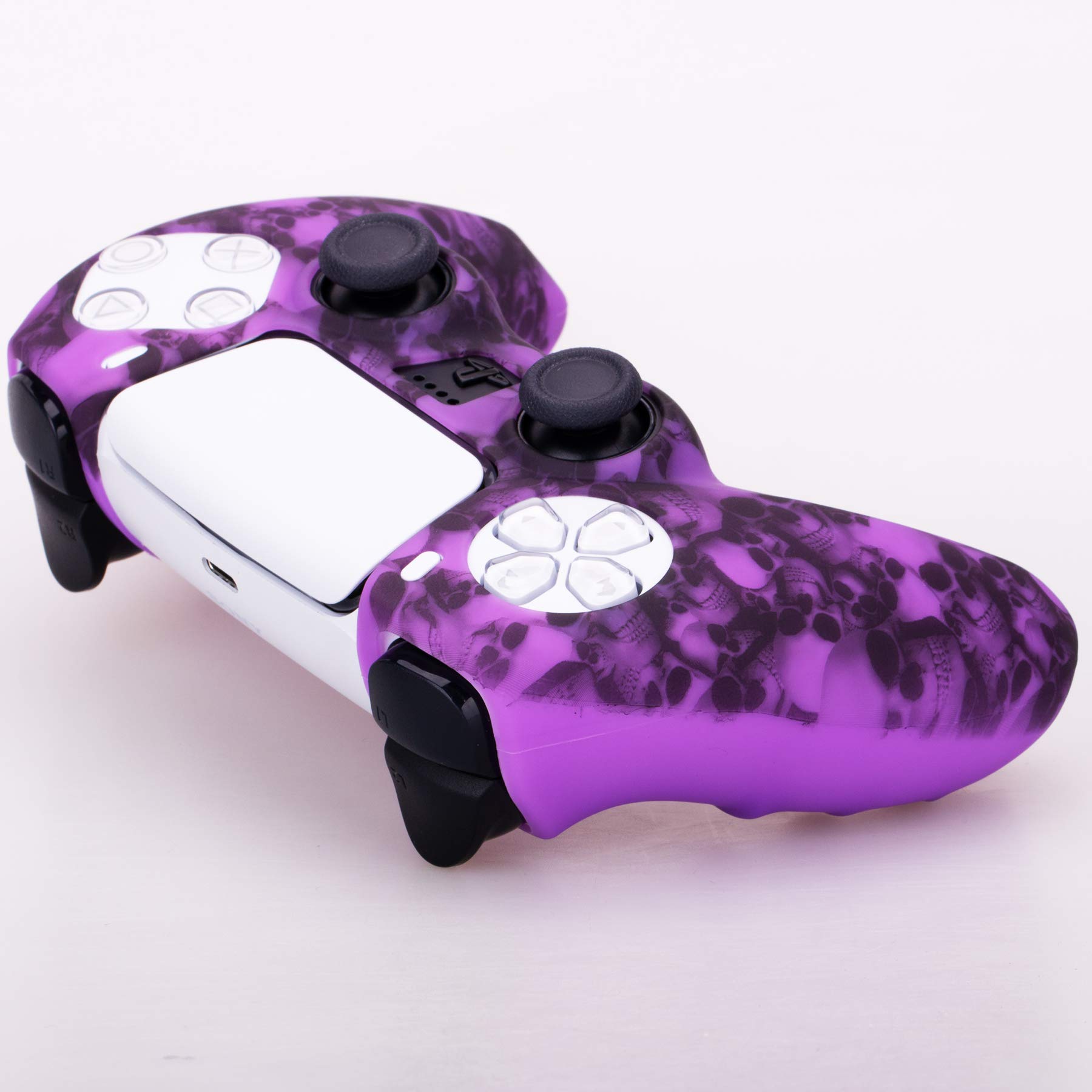 Playrealm Soft Stamp Silicone Skin Cover x 2 & Thumb Grips x 8 for PS5 Dualsenese Controller (Skulls Red+Purple)