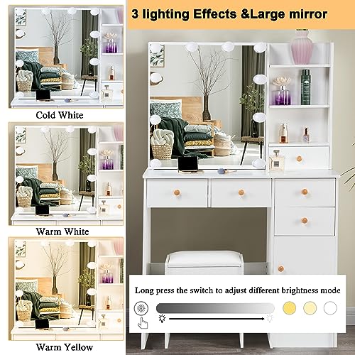 Large Vanity Desk Set with Sliding Mirror and 10 LED Bulbs, 3 Lighting Modes Makeup Table with 5 Drawers, 6 Shelves and Cabinets, White Dressing Table for Bedroom
