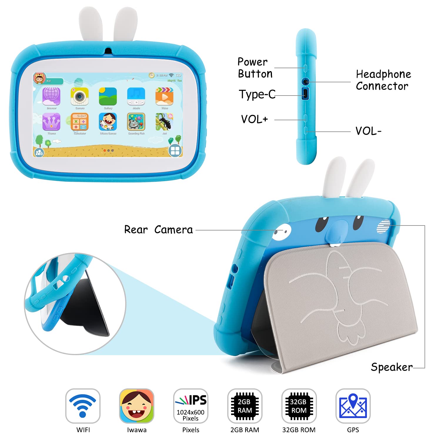 Veidoo Kids Tablet for Toddlers 7 inch Tablet for Kids 32GB, WiFi, GMS, IPS, Games, Android Tablet with Parental Control, Learning Educational Toddler Tablet with Rabbit Case