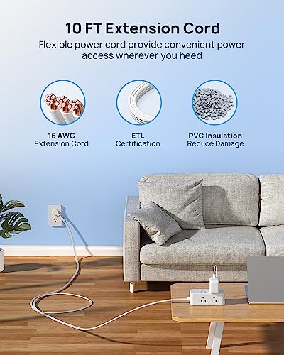 TROND Ultra Thin Flat Extension Cord 10 ft, Flat Plug Power Strip Surge Protector, 6 Wide Space Outlets 3 USB Ports(1 USB C), 3 Side Outlet Extender, Desk Charging Station Compact for Travel Home Dorm