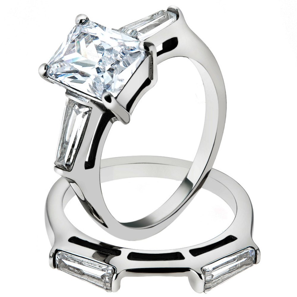 Marimor Jewelry 4.45 Carat Emerald Cut Zirconia Stainless Steel Engagement Wedding Ring Set Size 8