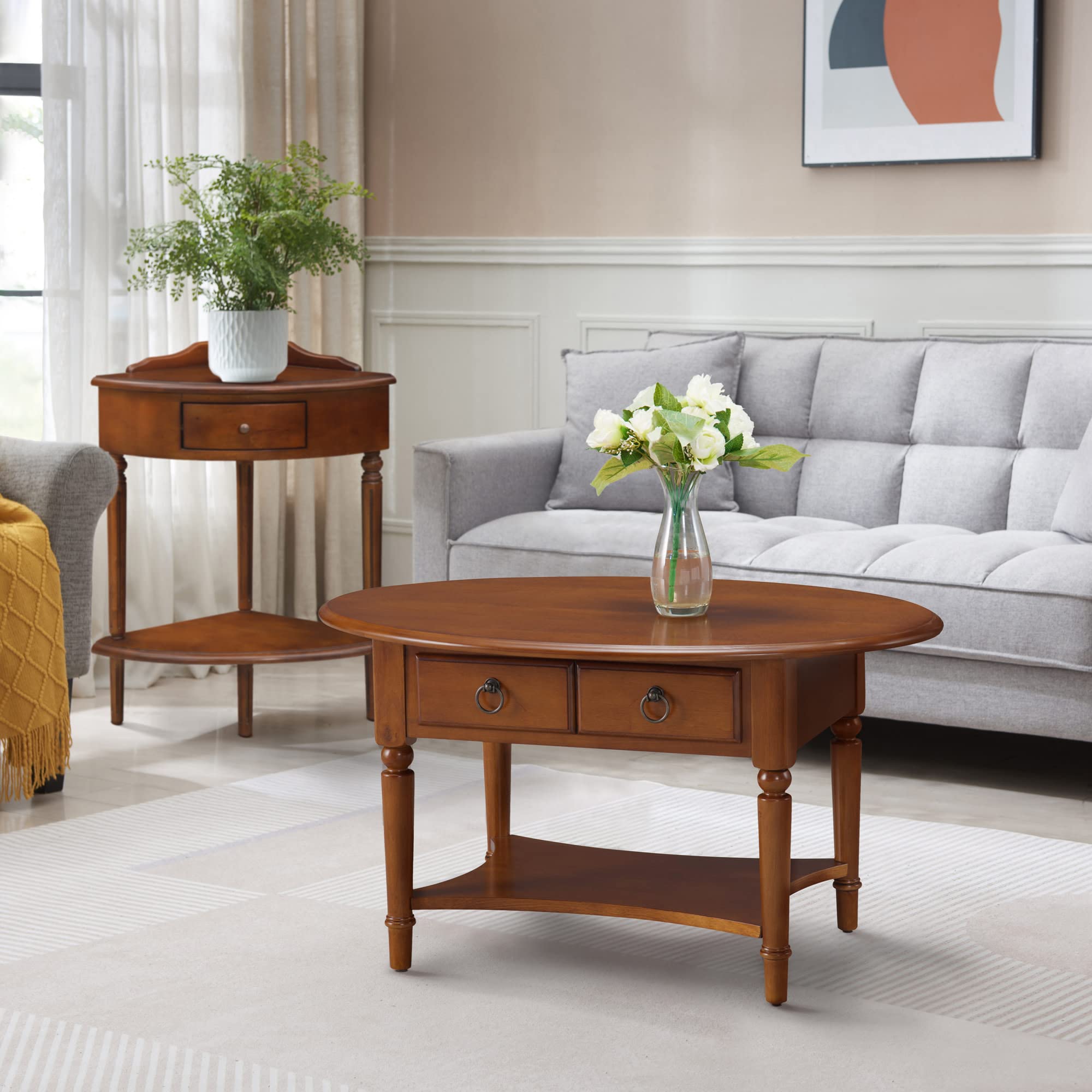 Leick Home 9016 One Corner Accent Table with Drawer and Lower Display Shelf, Pecan
