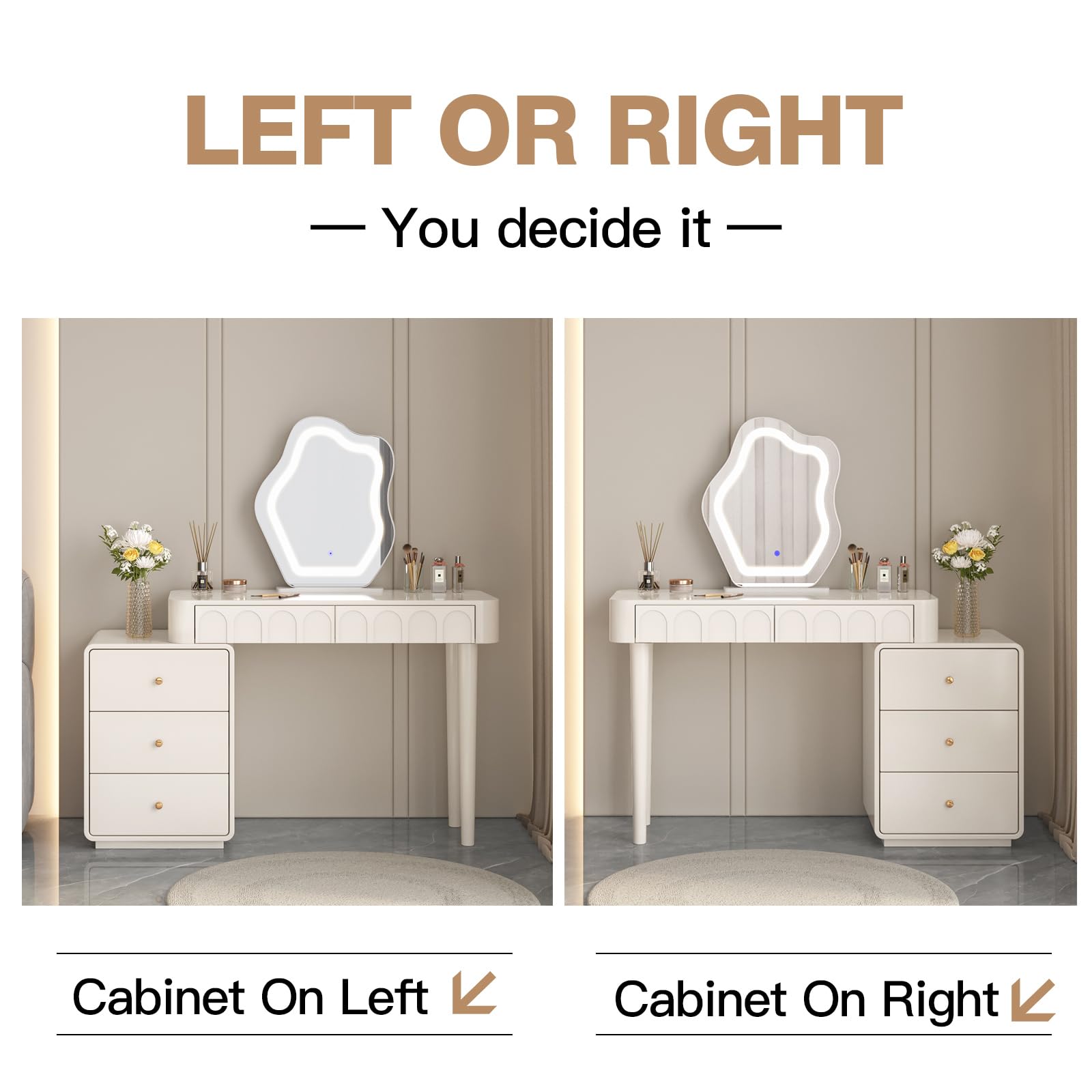 Miuuod Makeup Vanity Desk & Chair & Lighted Mirror,Modern Cosmetics Table with Storage Carbinet and Drawers Adjustable Direction Makeup Table Dressing Table for Women Girls Vanities for Bedroom White