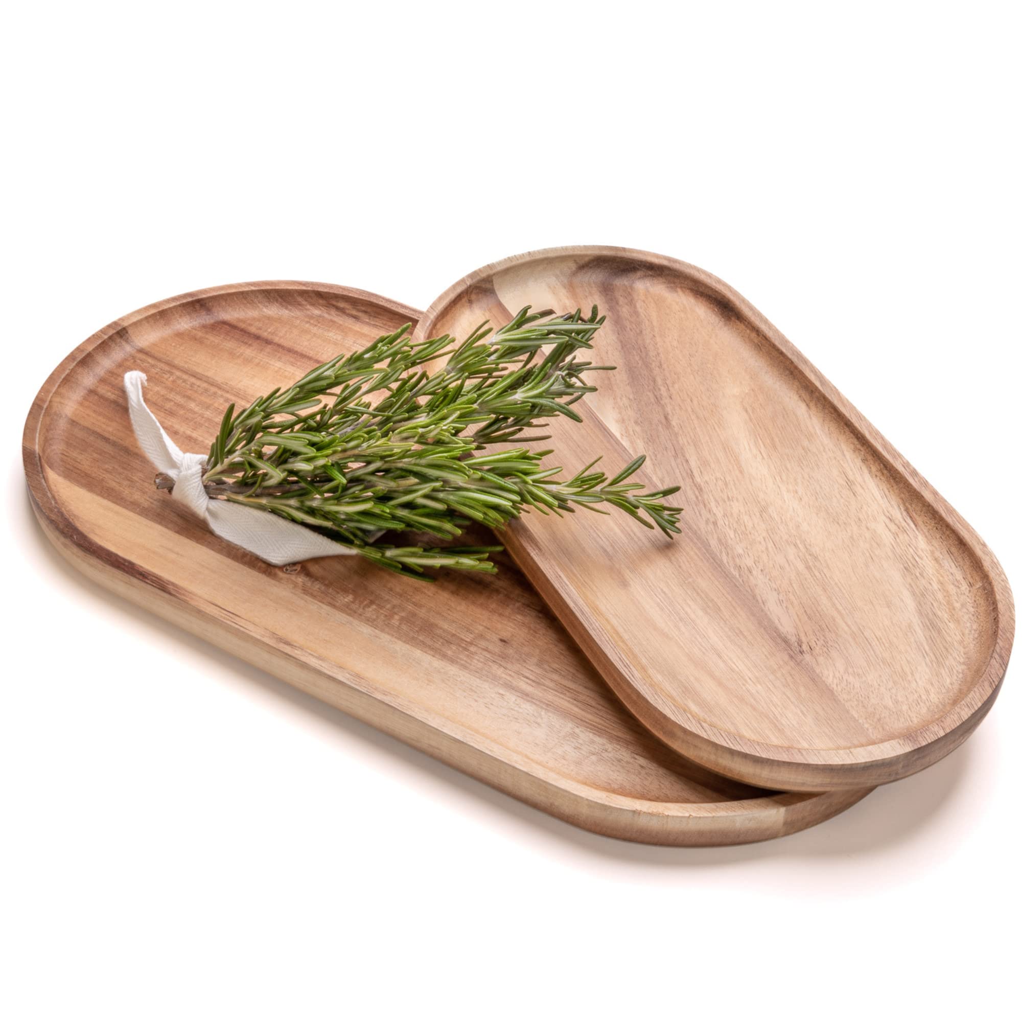 SPEShh Acacia Wooden Serving Trays Set of 2 - Rectangular Oval Shaped Wood Plates for Charcuterie Cheese Bread Fruit Vegetable Dip Sushi - Rustic Serving Platter Shallow Dishes -14x7 & 11x5.5 in.