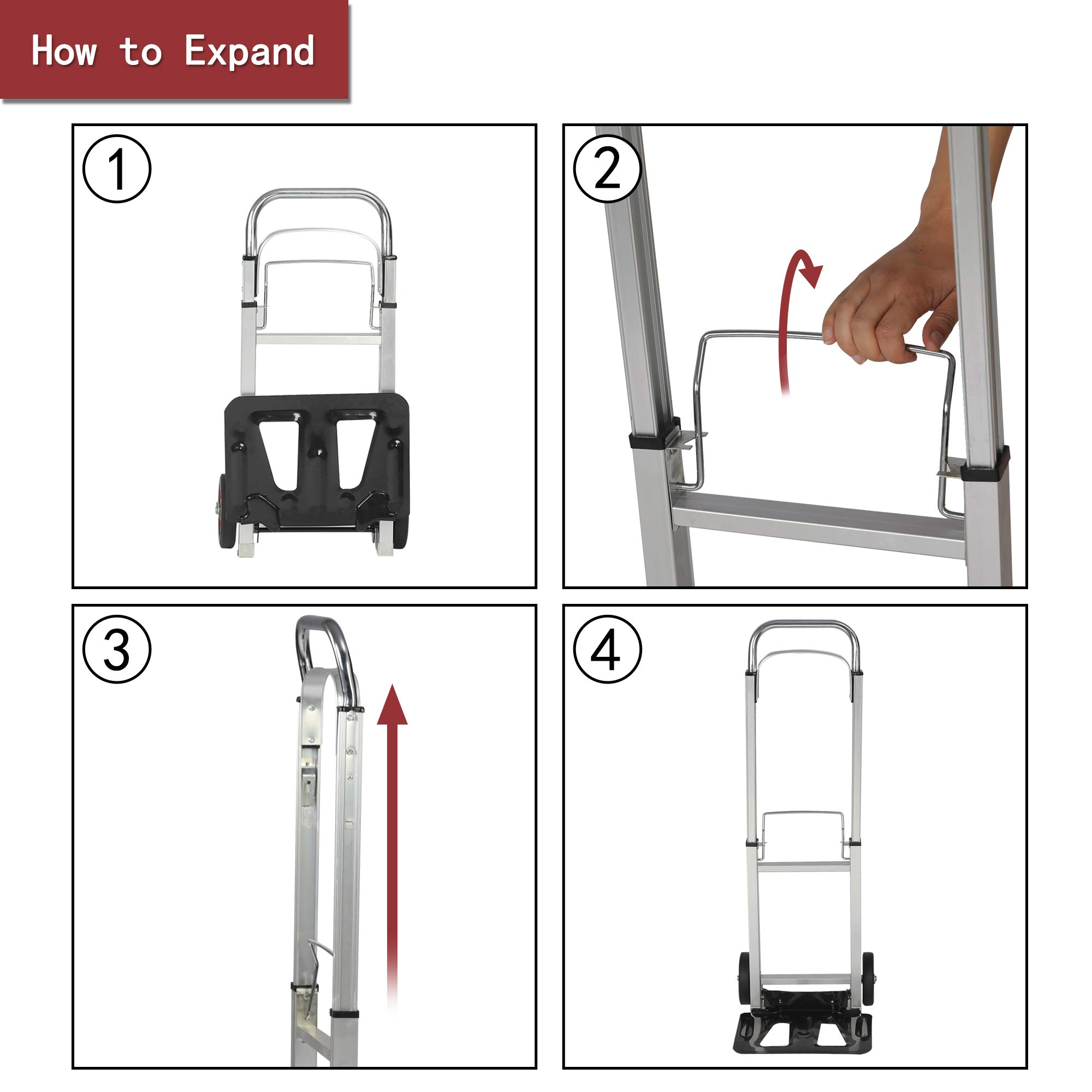 LUCKYERMORE 330 LB Capacity Hand Truck Dolly Portable Folding Compact Trolley Heavy-Duty Aluminum Luggage Cart with 2 Wheels