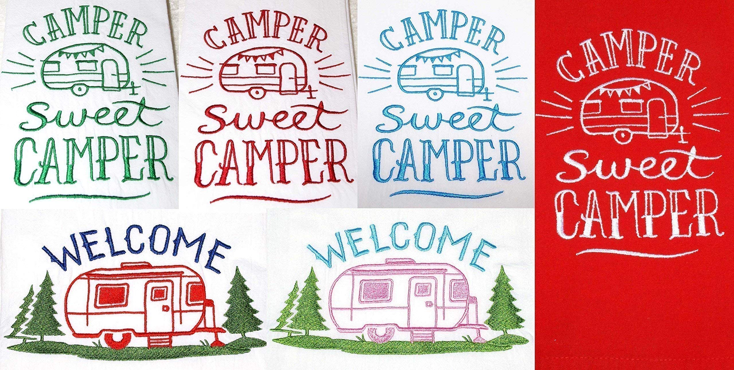 RV Camping Decor - Embroidered Flour Sack Towel - Red on White - Camper Sweet Camper - Handmade by Green Acorn Kitchen
