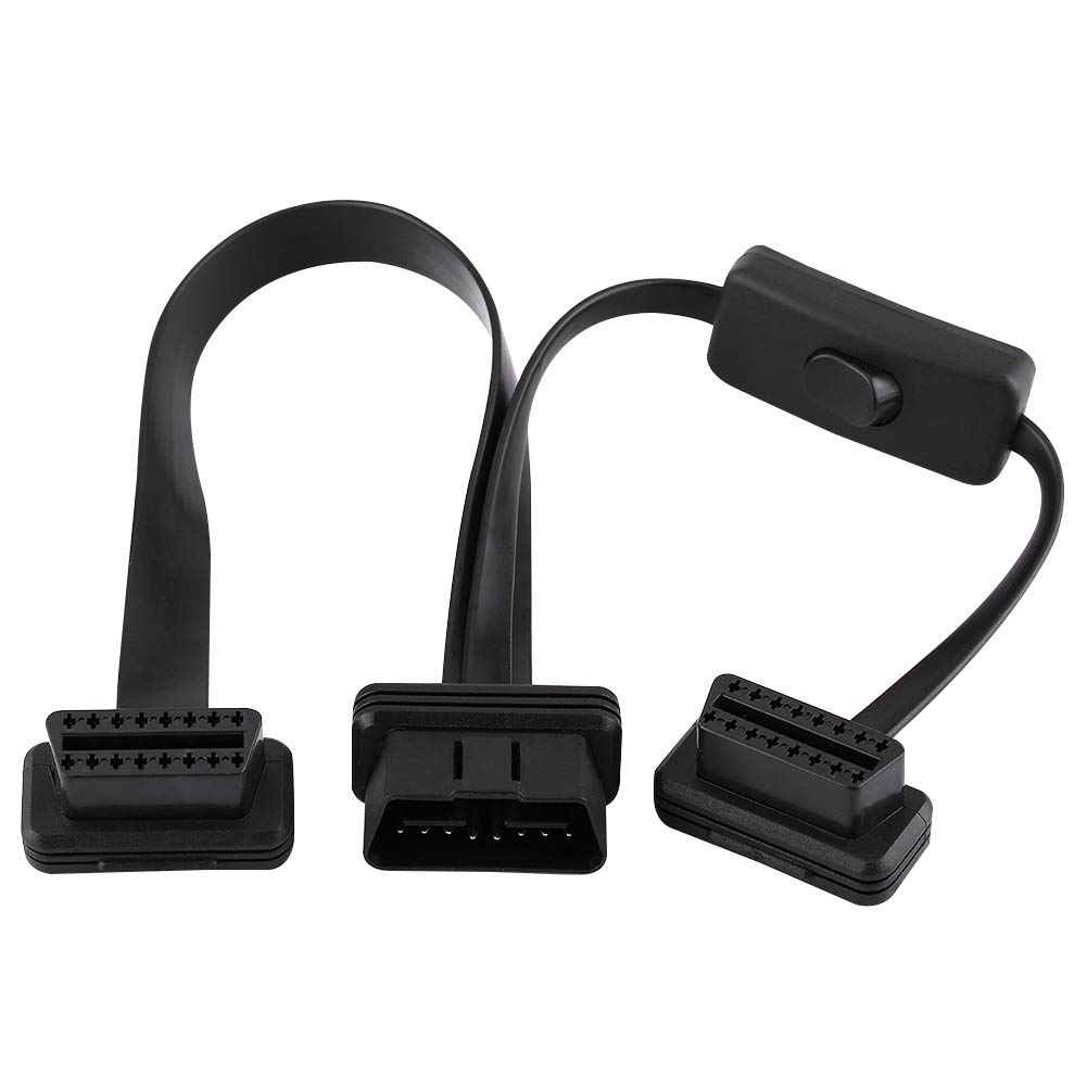 OBD2 Cable, 16 Pin Male to Dual Female OBD2 Splitter Flat Extension Cable Adapter with Switch