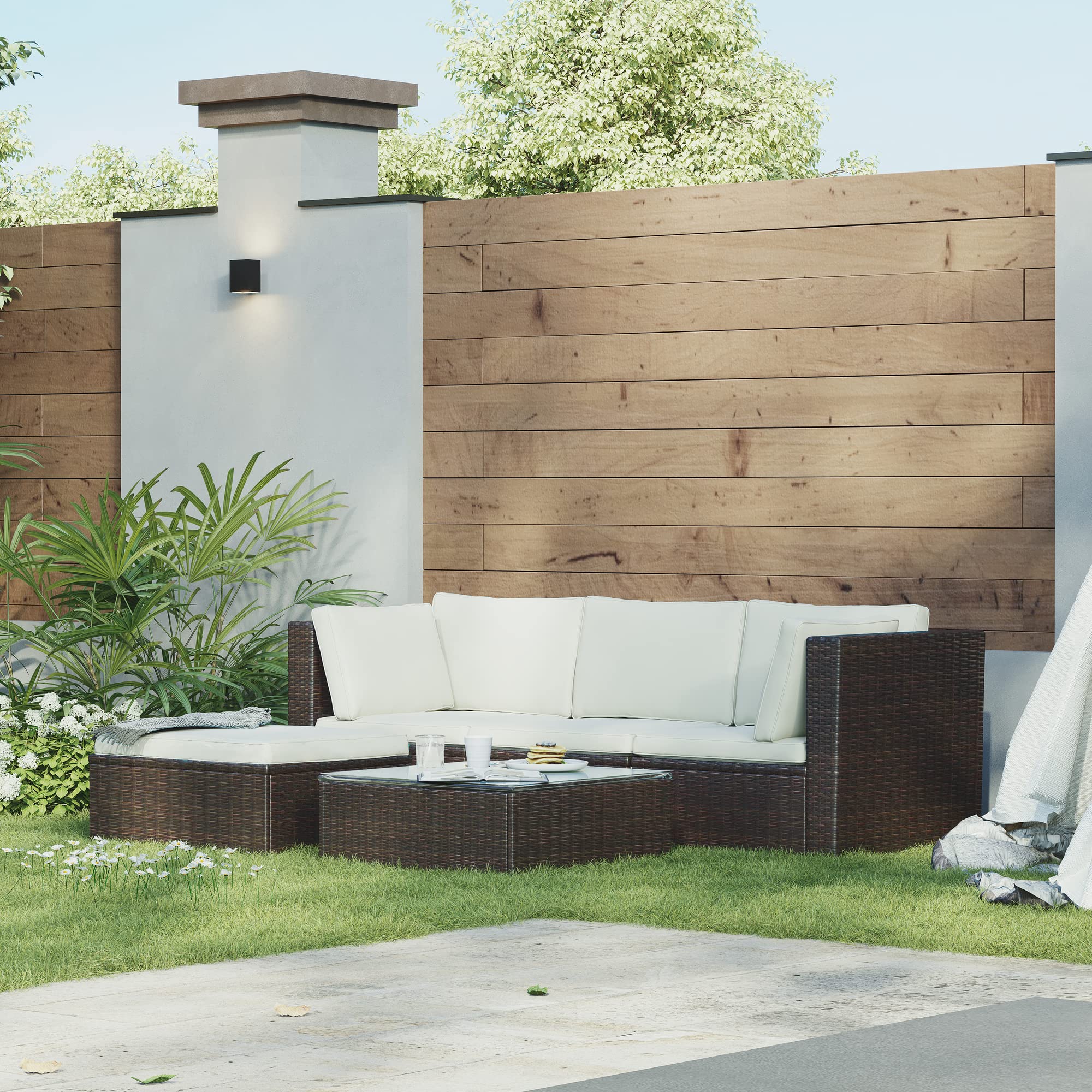 Melidee Outdoor Sectional Sofa - 5 Pieces Patio Furniture Sets, Manual Weaving Wicker Rattan Conversation Sets with Cushion and Glass Table