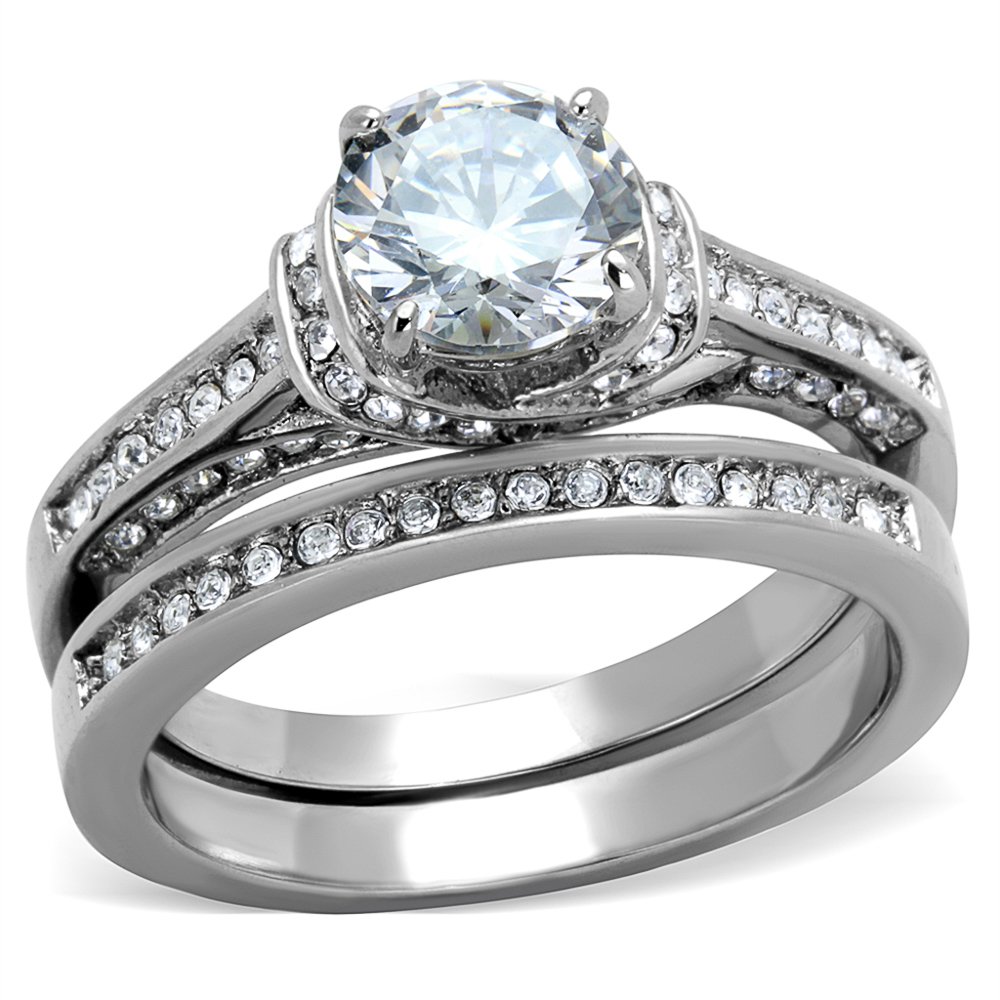 Marimor Jewelry 2.75 Carat Round Cut Cubic Zirconia Stainless Steel Wedding Ring Set Women's Size 6