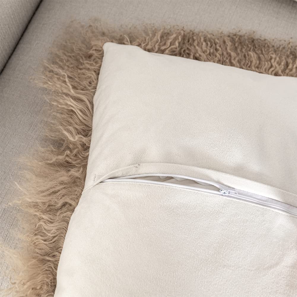 Seek4comfortable Mongolian Tibetan Lamb Fur Wool Rectangular Throw Pillow Cushion,Khaki - 12" x 20"