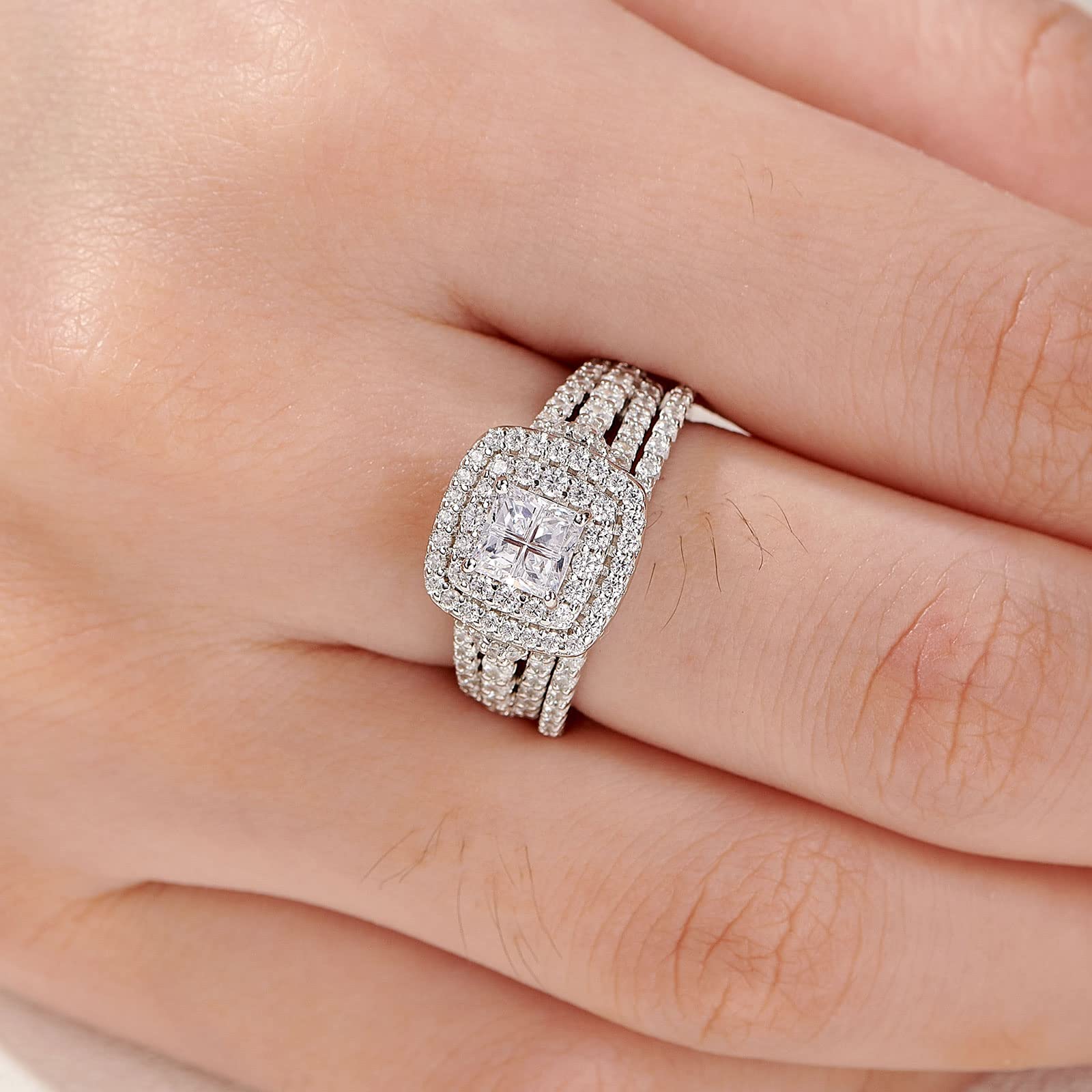 Newshe Wedding Rings for Women Engagement Ring Sets Sterling Silver Cz 1.7Ct Princess Cross Size 7