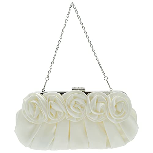 Ro Rox Carrie Retro Vintage Pleat & Roses Evening Prom Party Clutch Handbag Bag - Ivory