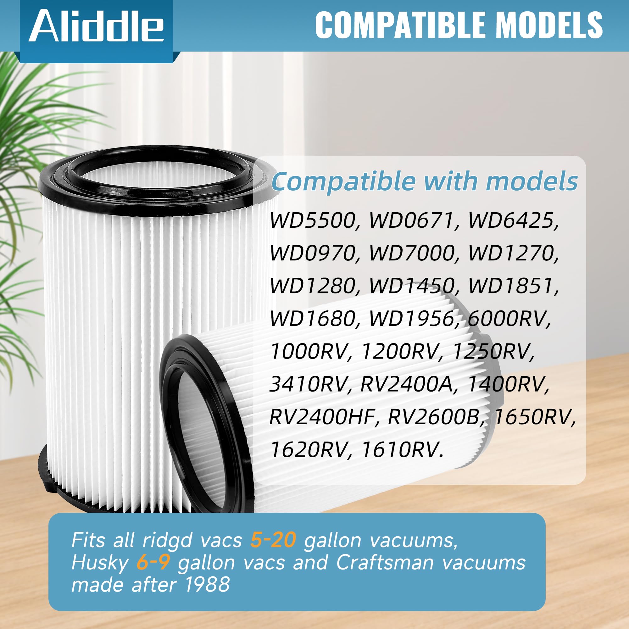 VF4000 Replacement Cartridge Filter for ridged 72947 Wet Dry Vac 5 to 20-Gallon 6-9 Gal husky Compatible with RV2400A RV2600B WD5500 WD0671,2 Pack