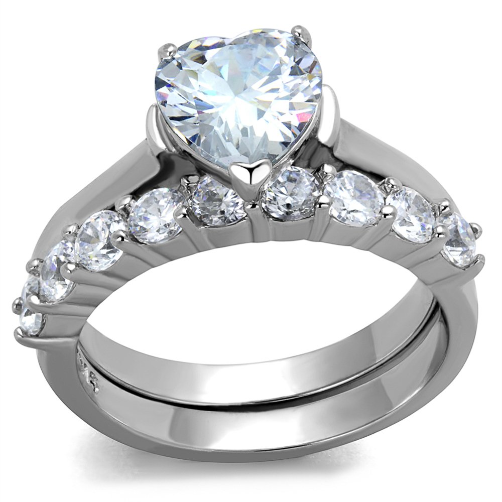 Marimor Jewelry 2.7 Carat Heart Cut Cubic Zirconia Stainless Steel Wedding Ring Set Women's Size 7