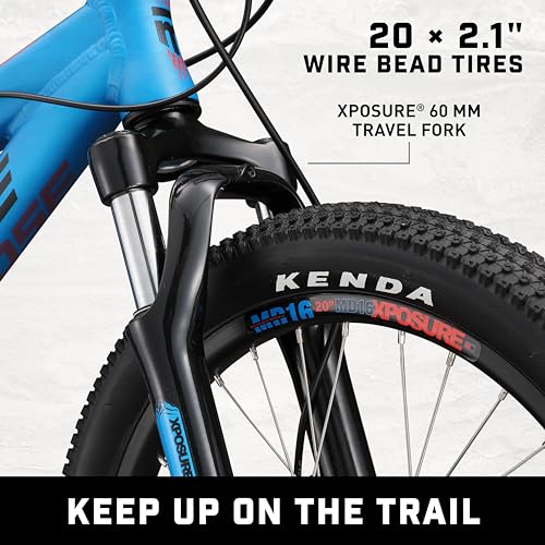 Mongoose Switchback Kids Mountain Bike with 20-Inch Wheels in Blue, Aluminum Hardtail Frame, 8-Speed Drivetrain, and Mechanical Disc Brakes