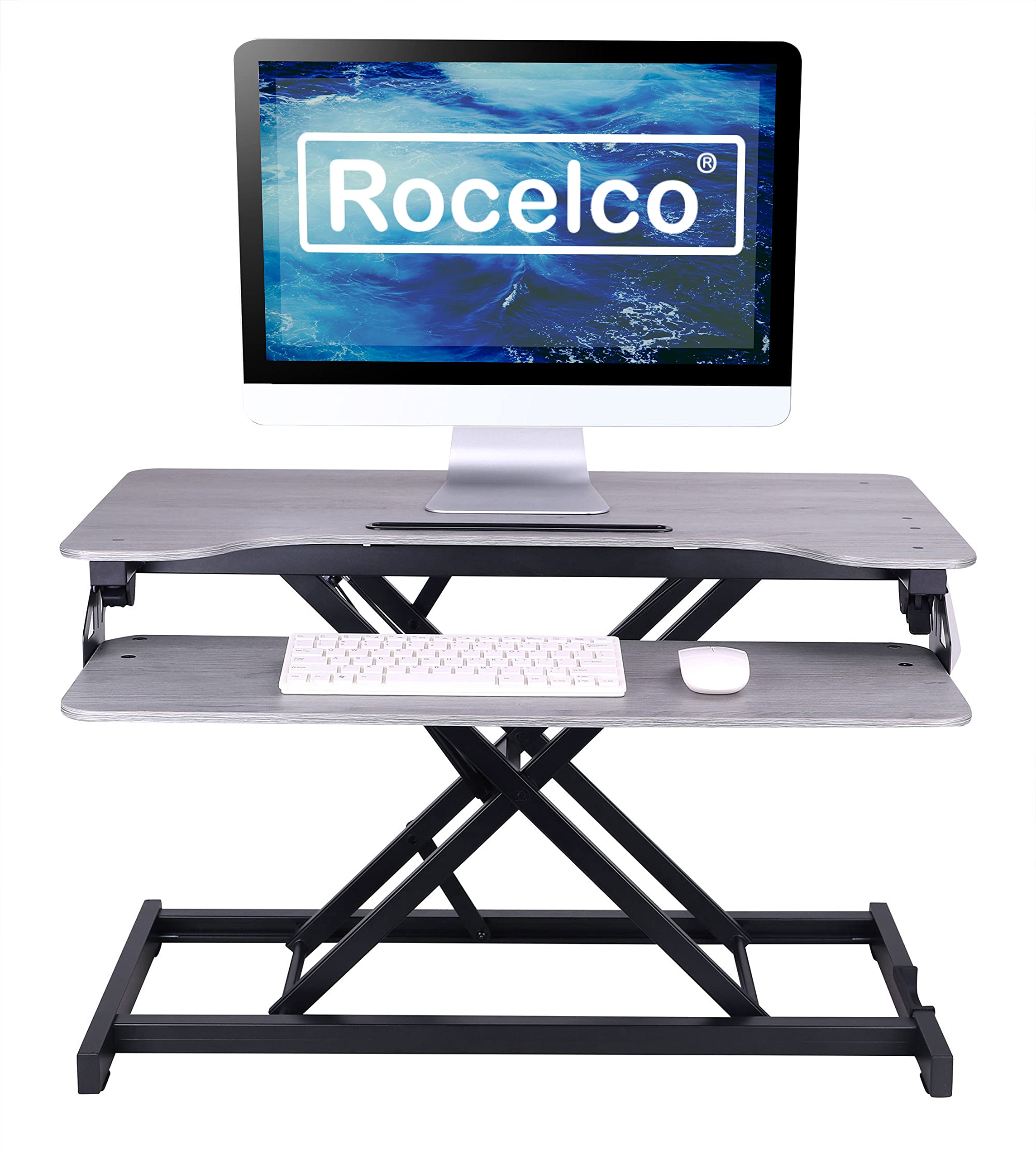Rocelco Standing Desk Converter and Floor Mat - 31.5 Inch Sit Stand Up Dual Monitor Tabletop Riser with Tablet Mount, Height Adjustable Workstation - Deep Keyboard Tray - Gray (R VADRG-MAFM)