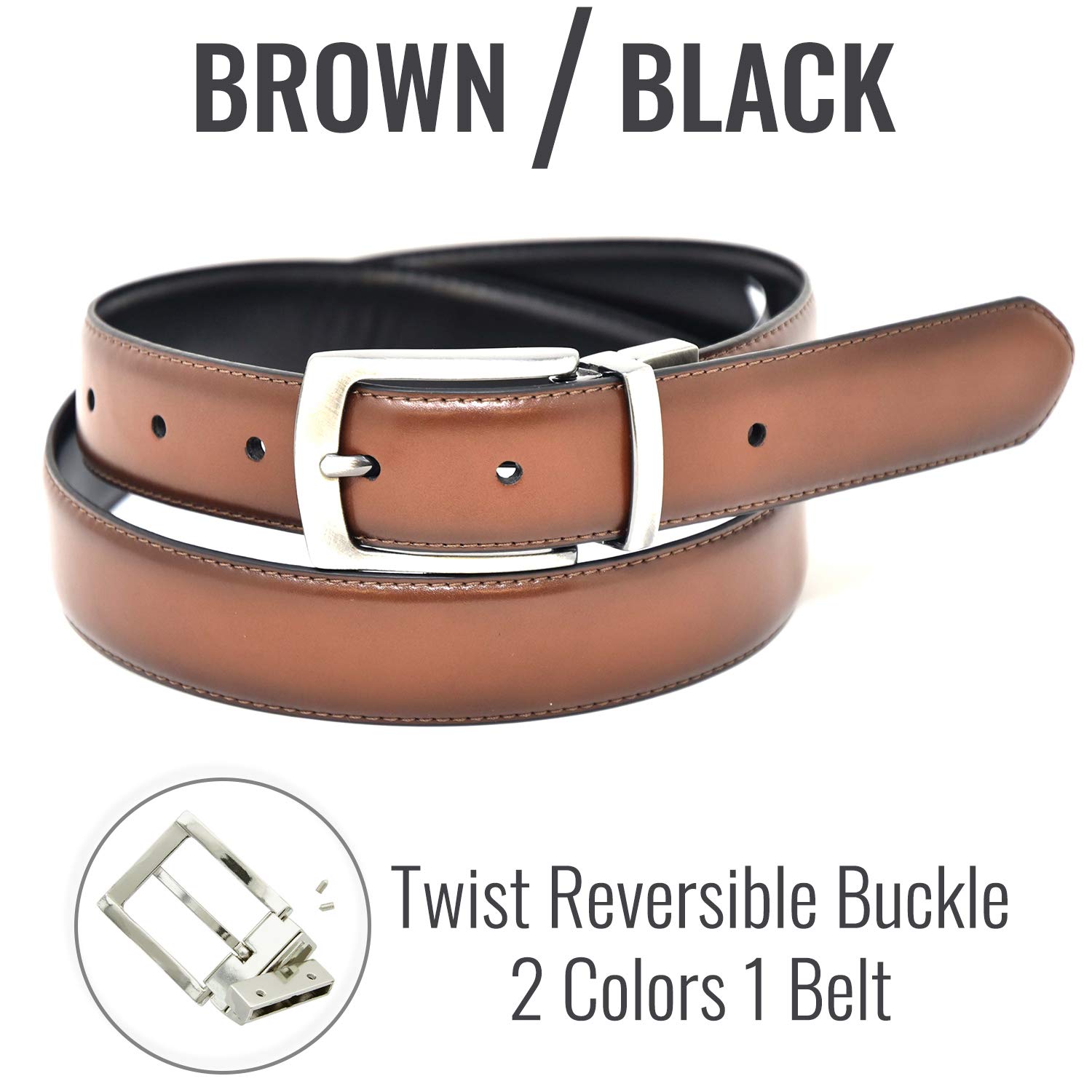 Mens Belt Vegan Leather Reversible Dress Casual Belt, NYBC Hadley 35mm Width, Brown/Black, Medium