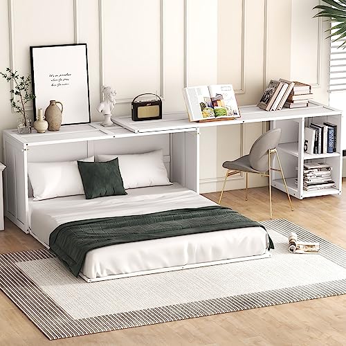 Lifeand Queen Size Murphy Bed with Rotable Desk, White