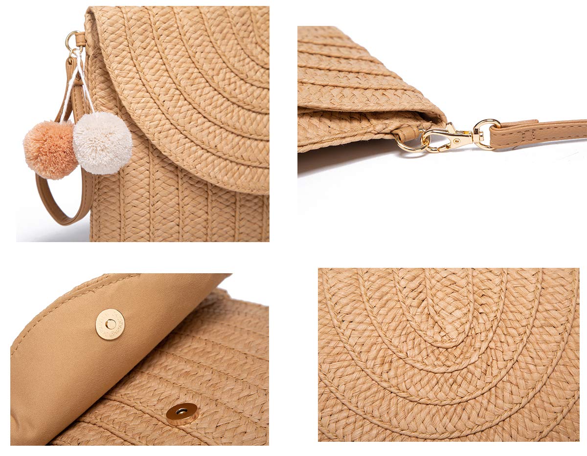 Straw Shoulder Bag Straw Clutch Women Hand-woven PomPom Straw Crossbody Bag Summer Beach Envelope Purse Wallet (E-Khaki)