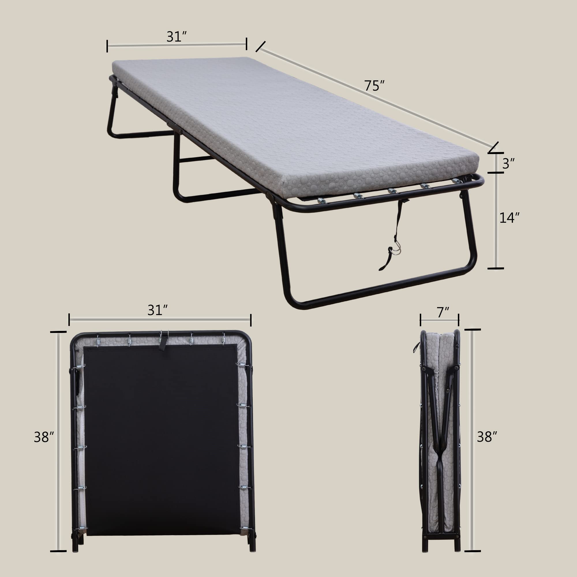 LEISUIT Folding Bed with Memory Foam Mattress - Portable Fold Up Bed - Luxurious Foldable Bed with Frame - Foldaway Guest Bed - Hideaway Cot for Adults,Grey