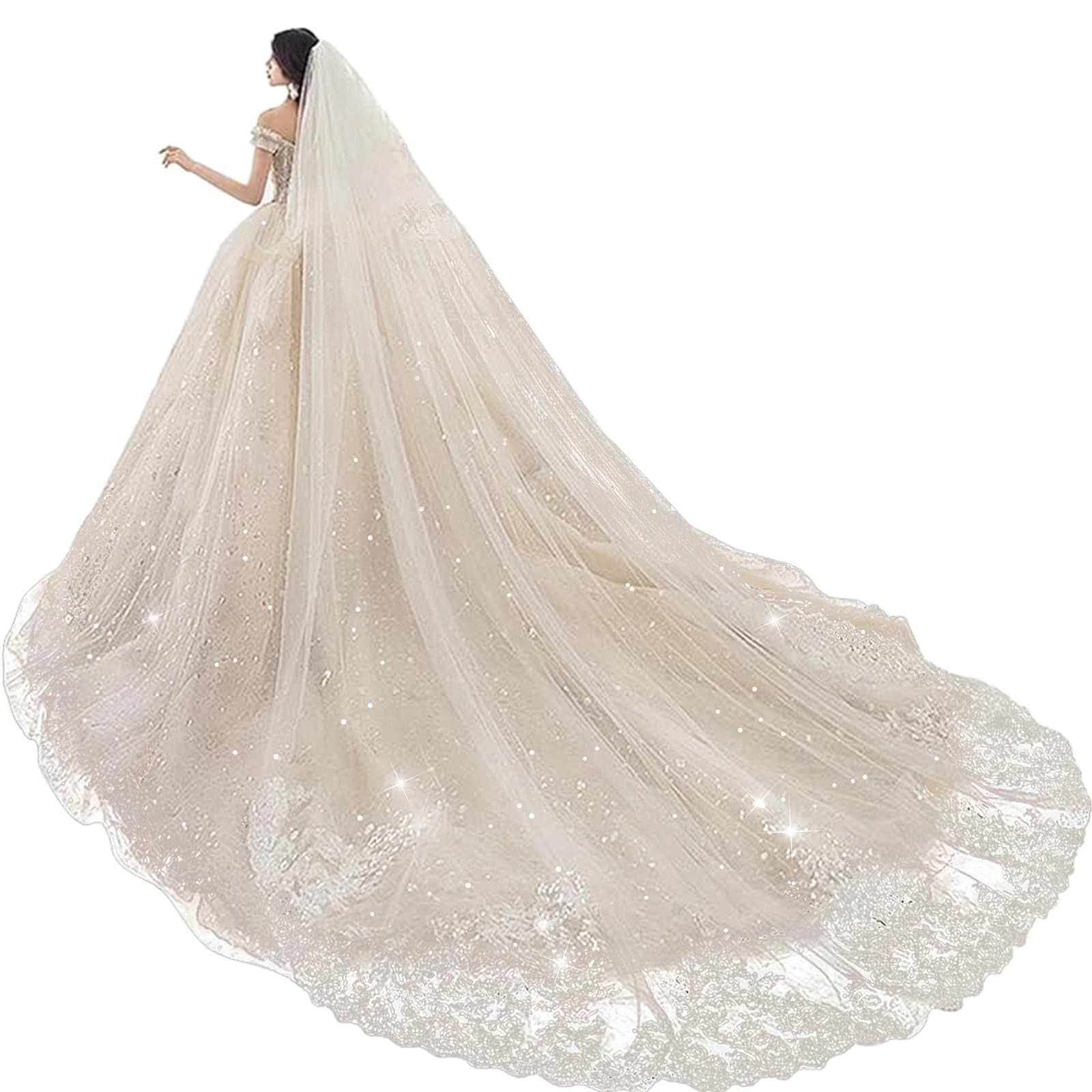 NCDIMS Newdeve Wedding Veils Cathedral Length 2 Tier Long Sequins Lace Edge Blusher with Comb 196" L 118" W