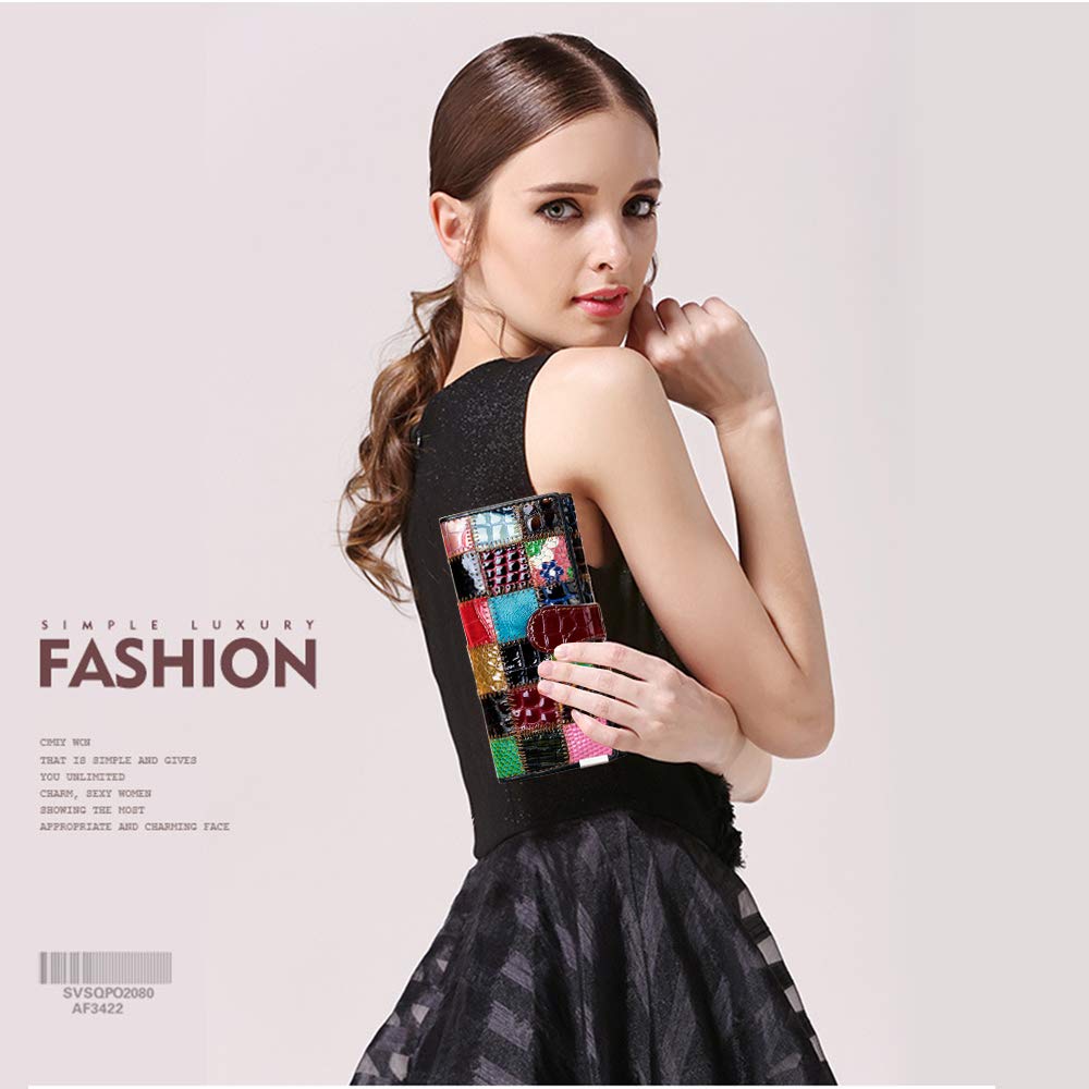 Segater® Women Multicolor Wallets Genuine Leather Card Holder Organizer Purses Model Stitching Bag Wallet with Flap Phone Clutch Large Long Purse