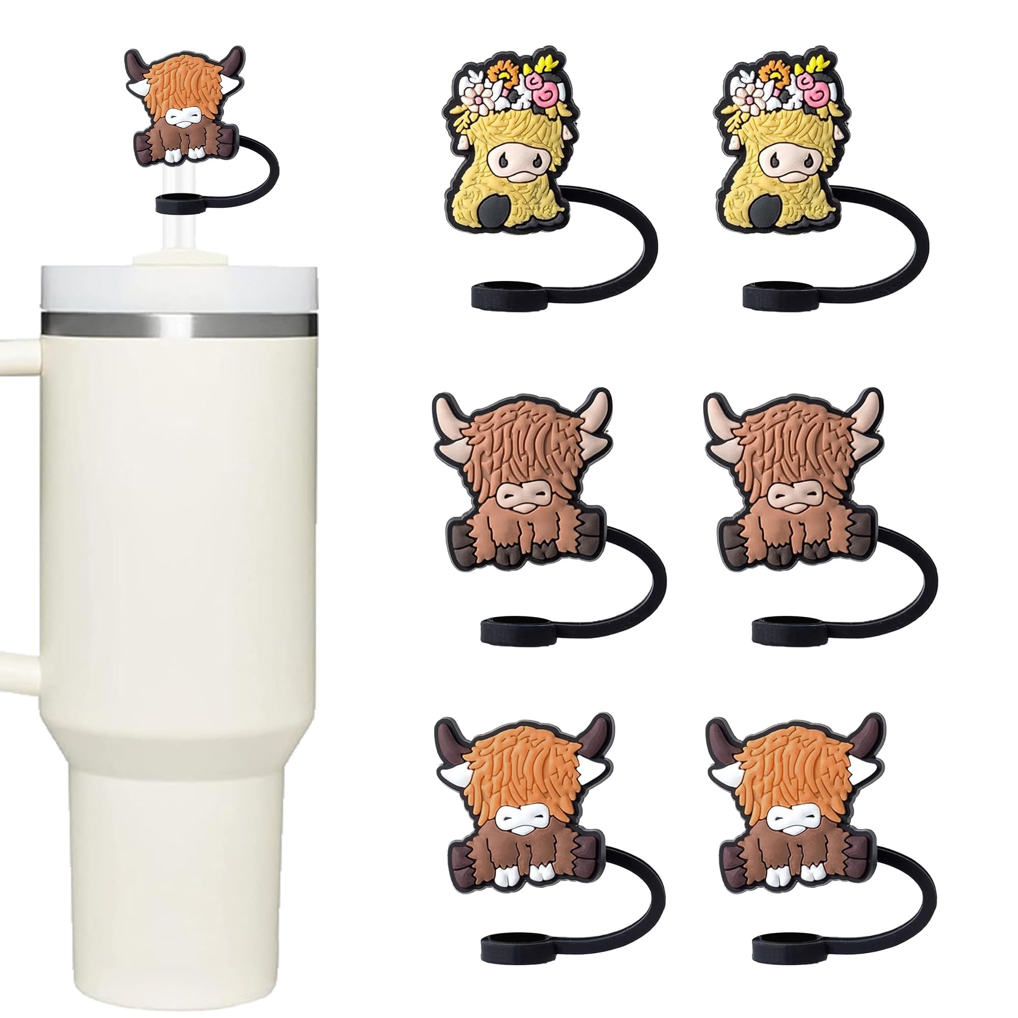 Straw Toppers, 6PCS 10mm Highland Cow Straw Cover Compatible with Stanley Yeti Tumbler Straw, 0.4in Cow Straw Topper Cap, Cute Stanley Cup Accessories