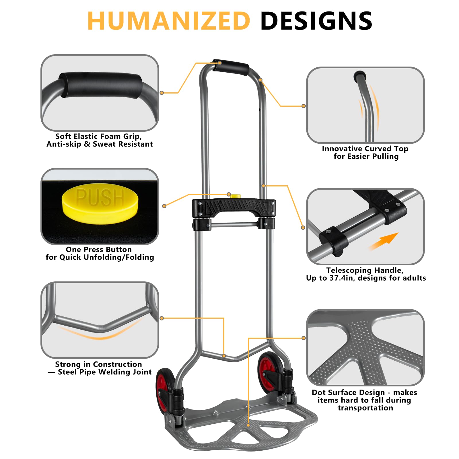 PHALANX Folding Hand Truck Dolly, Lightweight Moving Dolly Cart, 220Lb Capacity, Fast-Folding 2 Wheel Hand Cart Foldable with Telescoping Handle, Collapsible Dolly, Heavy Duty Luggage Cart