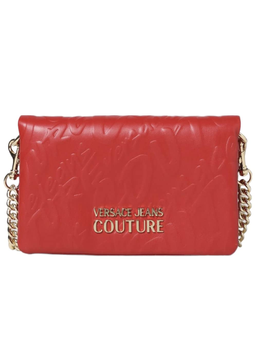 VERSACE JEANS COUTURE Red bag with lettering logo All Over. Bag with chain handle and removable shoulder strap. Bag closure with front flap and hidden magnetic button, red