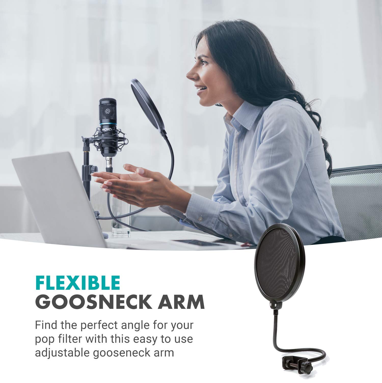 Movo PF-6 Dual Layer Nylon Mesh Microphone Pop filter, Gooseneck Arm and Clamp Mount. Pop Filter Delivers Professional Sound Quality Compatible with Blue Yeti, Blue Snowball Microphones and more