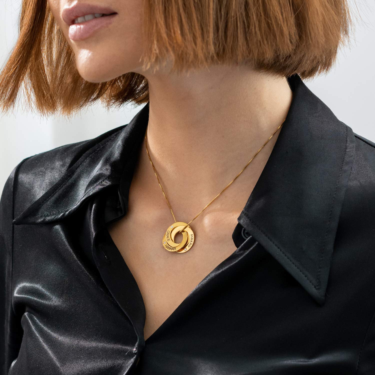 MYKA - Russian Ring Engraved Name Necklace with Diamonds Personalized 3 Circles Discs Inscription Customization Mother's Day Jewelry Gift… (18k Gold Plating)