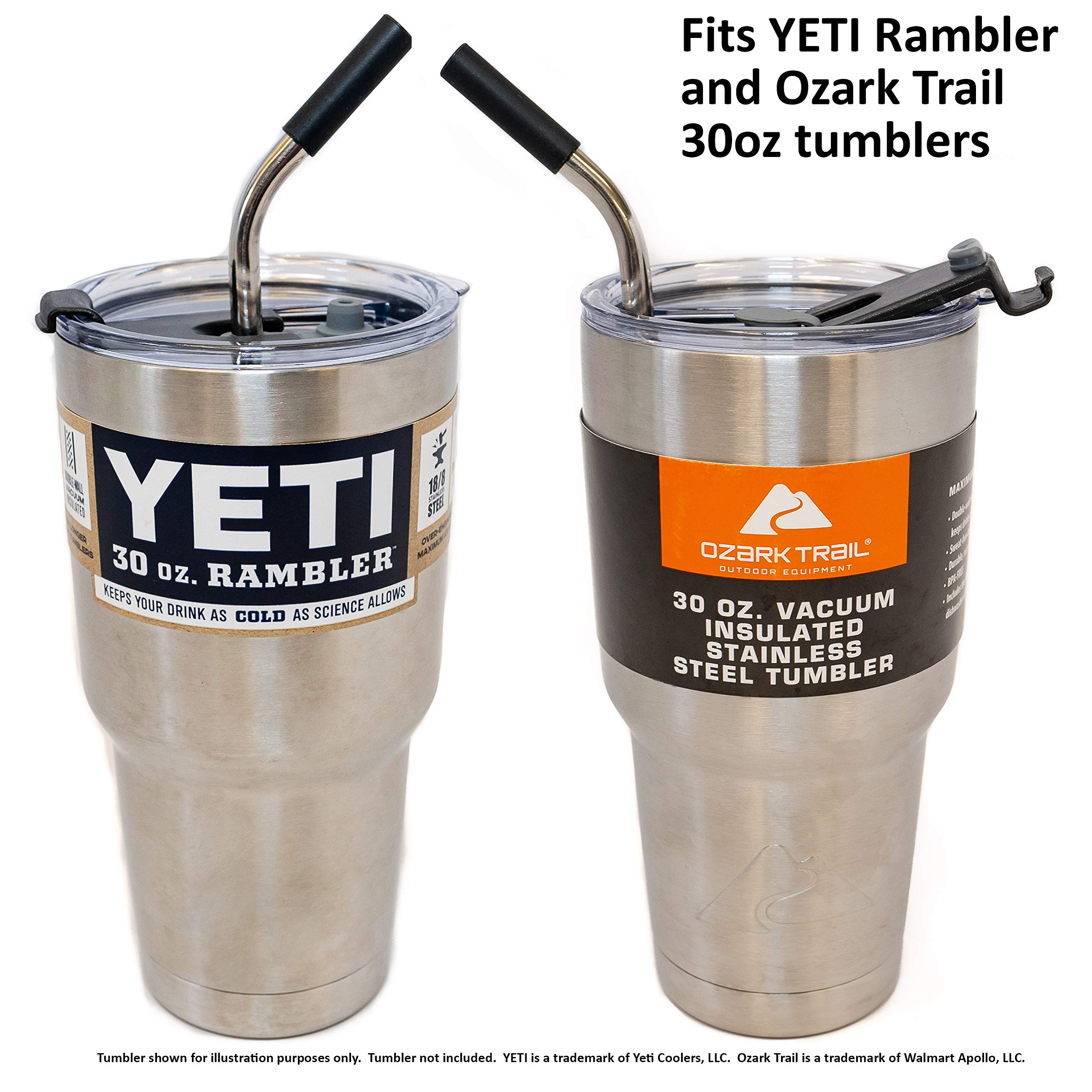 Spill Proof Tumbler Lid with Angled Stainless Steel Straw + Silicone Straw Tip + Straw Cleaning Brush for Yeti Rambler or Ozark Trail Tumblers (30oz, Black)