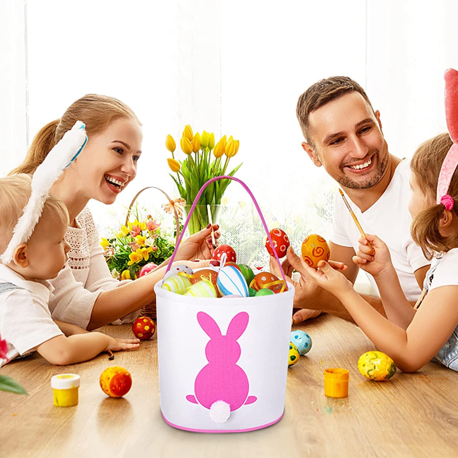 Yunsuelo 3 Pack Easter Egg Hunt Basket Bags for Kids Bunny Canvas Tote - Cotton Carrying Gift and Eggs Hunt Bag