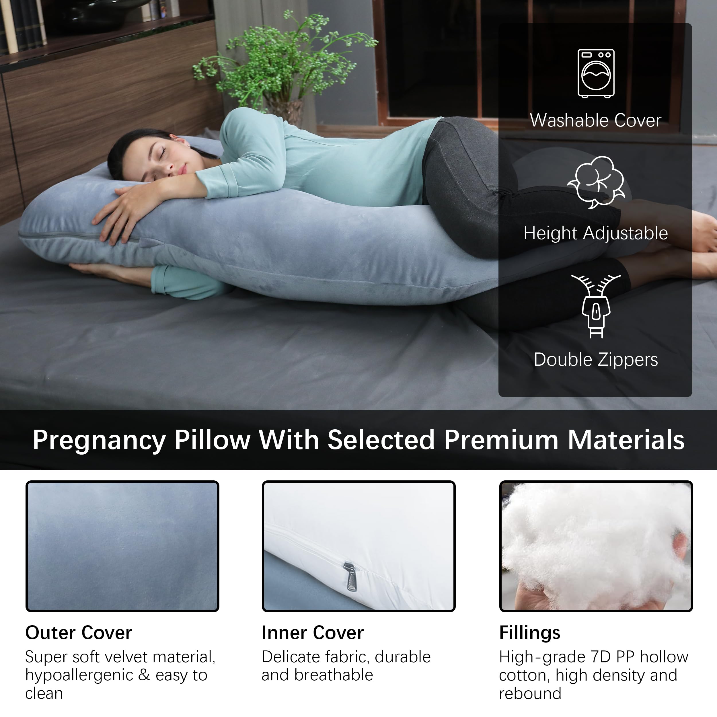 MOON PARK Pregnancy Pillows for Sleeping - U Shaped Full Body Maternity Pillow with Removable Cover - Support for Back, Legs, Belly, HIPS - Grey