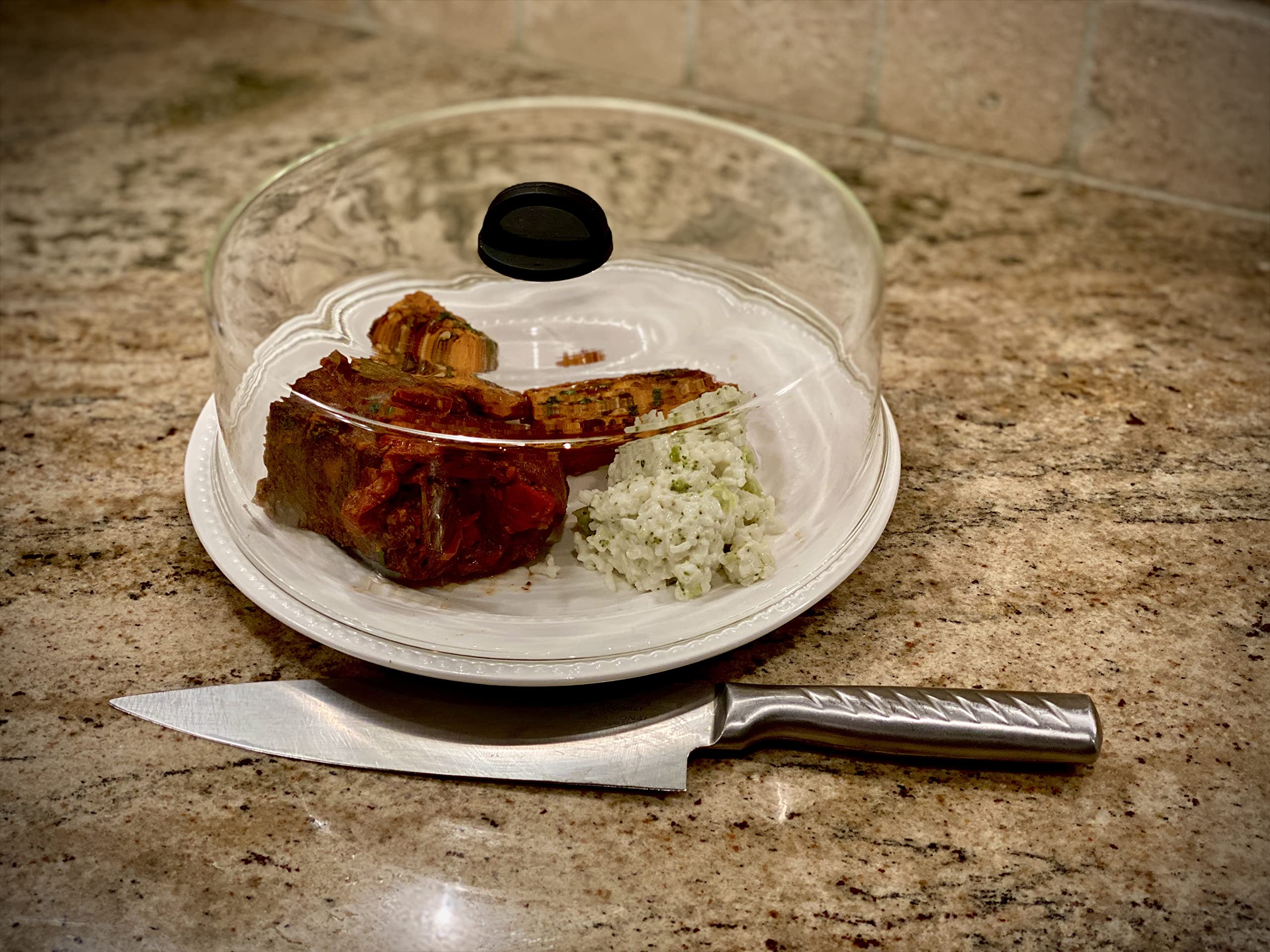 Tall Microwave Tempered Borosilicate Glass Plate Cover with Black Easy-Grip Silicone Handle - Unvented to Steam Food -Microwaveable/Oven/Stove Safe - Black Silicone Handle for Safe Easy Grip